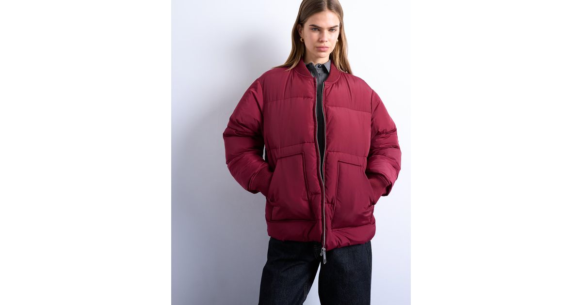 TOPSHOP Clean Rib Collar Puffer Jacket in Red | Lyst