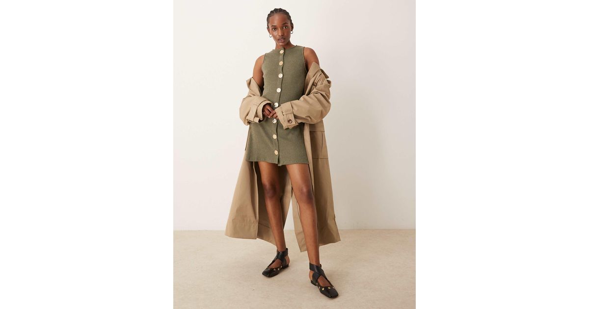 ASOS Sleeveless Ribbed Mini Dress With Gold Buttons in Natural | Lyst