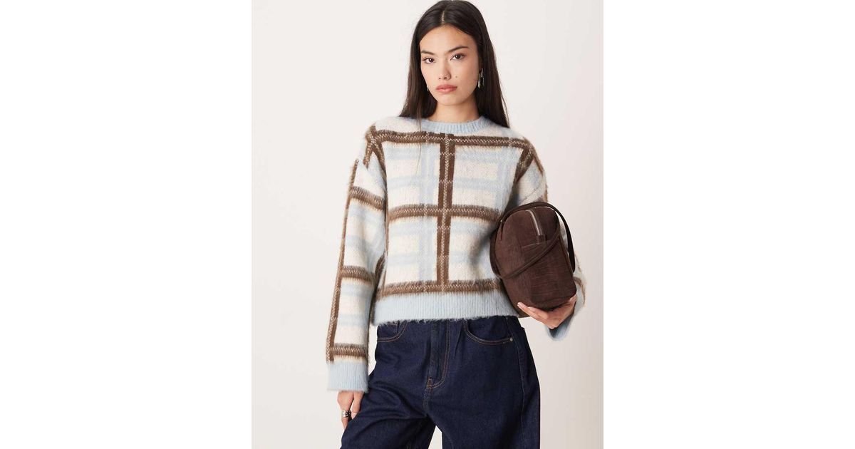 ASOS Knitted Oversized Brushed Check Jumper in Blue | Lyst UK