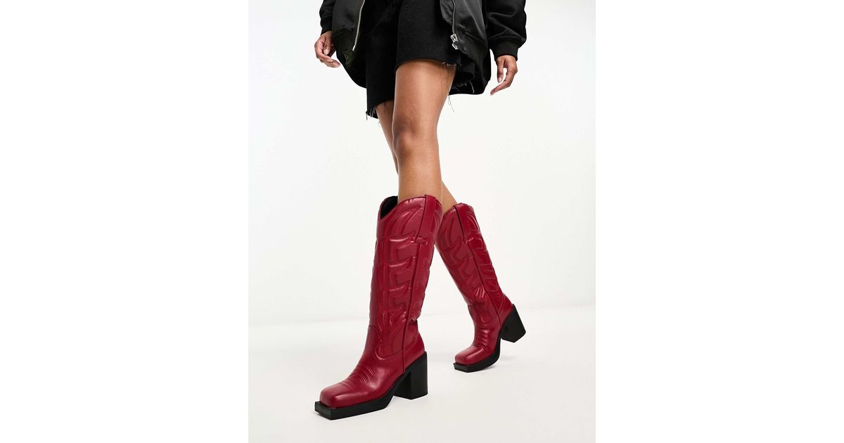 Daisy Street Square Toe Western Knee Boots in Red | Lyst