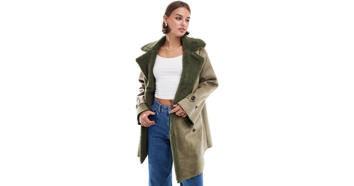 ONLY Borg Aviator Coat in Green | Lyst