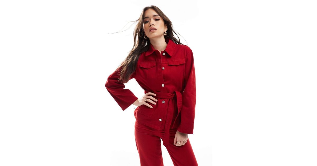 ASOS Tie Waist Denim Jacket in Red | Lyst