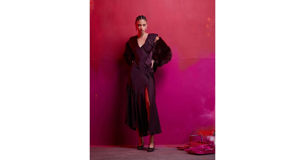 ASOS Asymmetric Satin Dress With Ruffle Detail in Red | Lyst