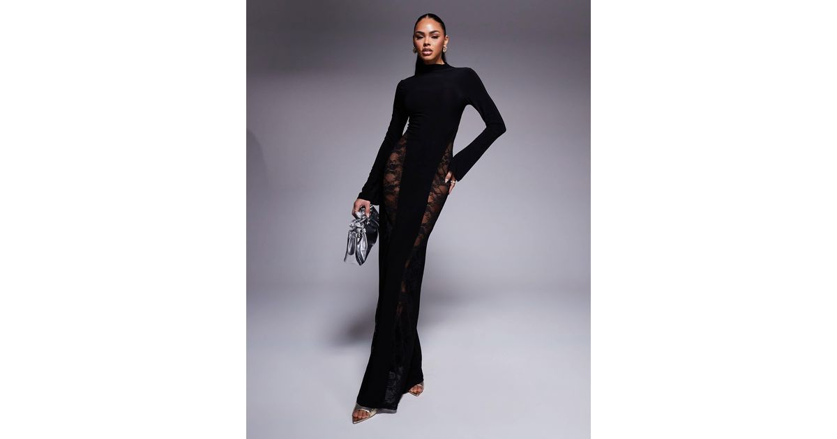 ASOS Long Sleeve High Neck Maxi Dress With Seamed Lace Panels in Blue ...
