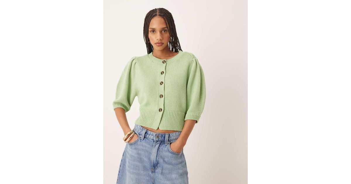 ASOS Crew Neck Cardigan With Puff Sleeve in Green | Lyst UK
