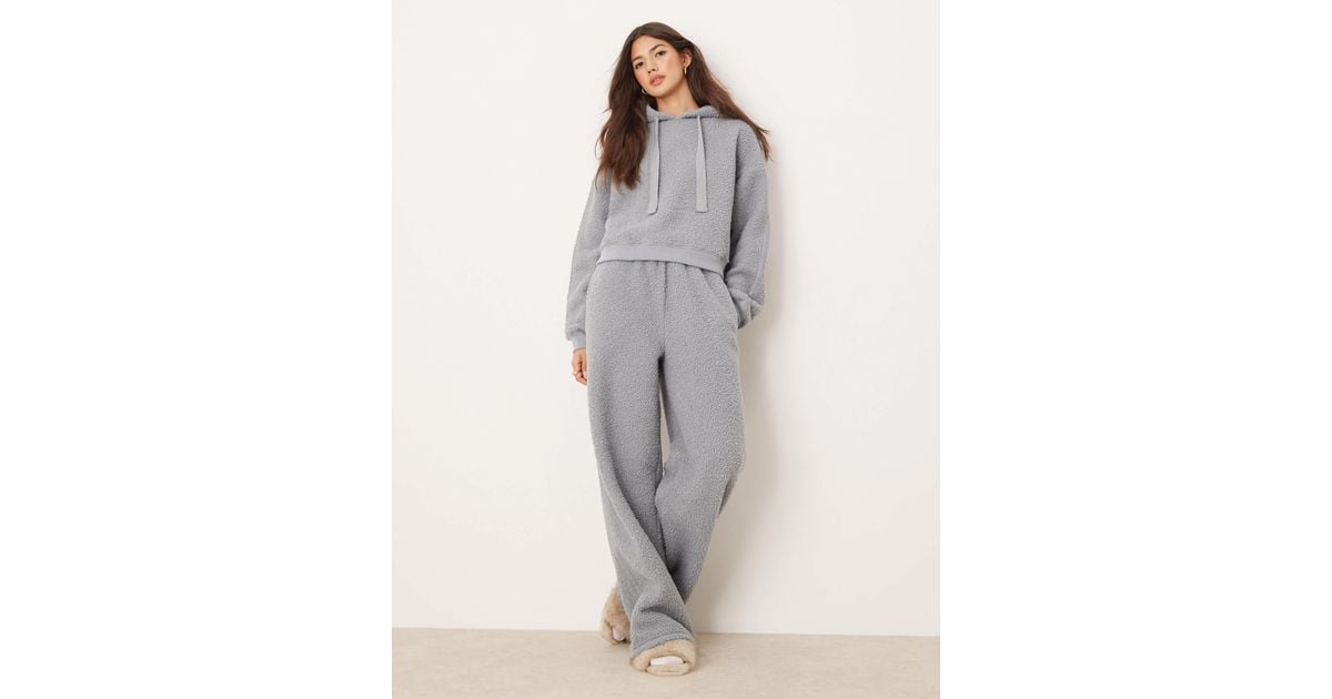 ASOS Lounge Borg Cropped Hoodie & Wide Leg Trackies Set in Gray | Lyst