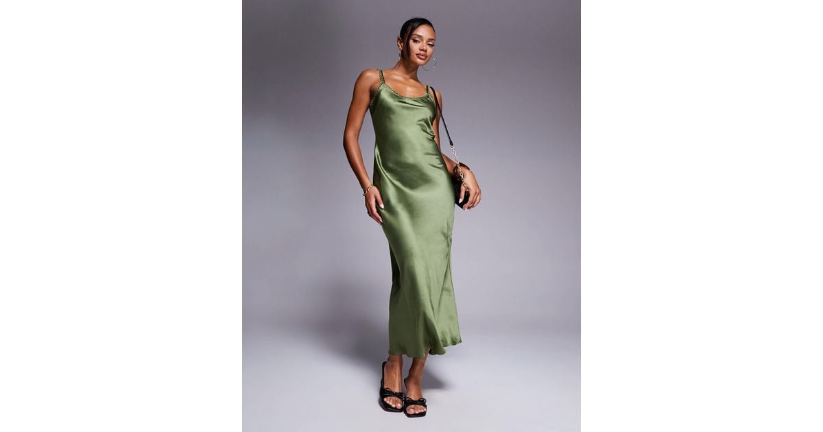 ASOS Satin Cami Slip Midi Dress With Picot Trim Neckline in Green | Lyst