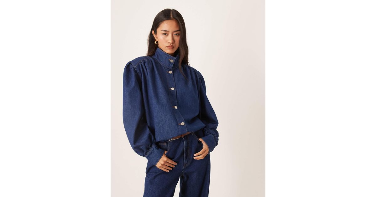 ASOS Denim Gathered Shoulder Funnel Neck Jacket in Blue | Lyst