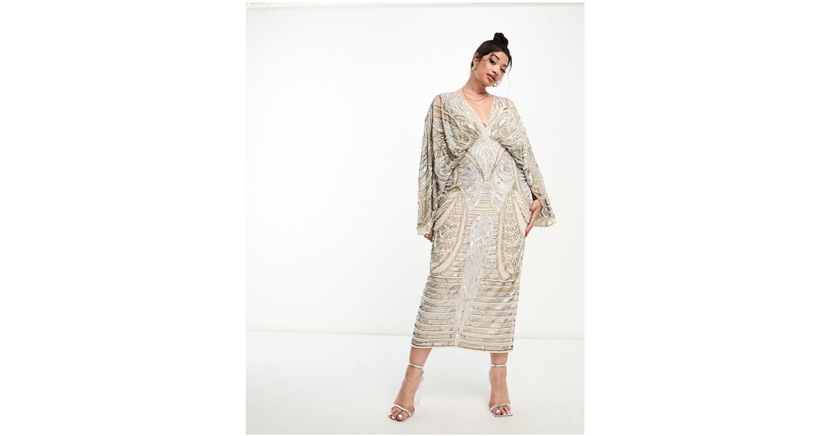 ASOS Curve Kimono Sleeve Midi Dress With Sequin & Pearl Embellishment in Natural | Lyst