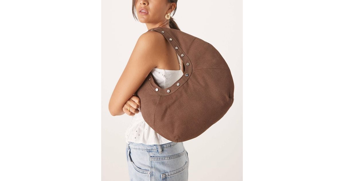Mango Cotton Slouchy Hand Bag With Studded Trim in Brown | Lyst