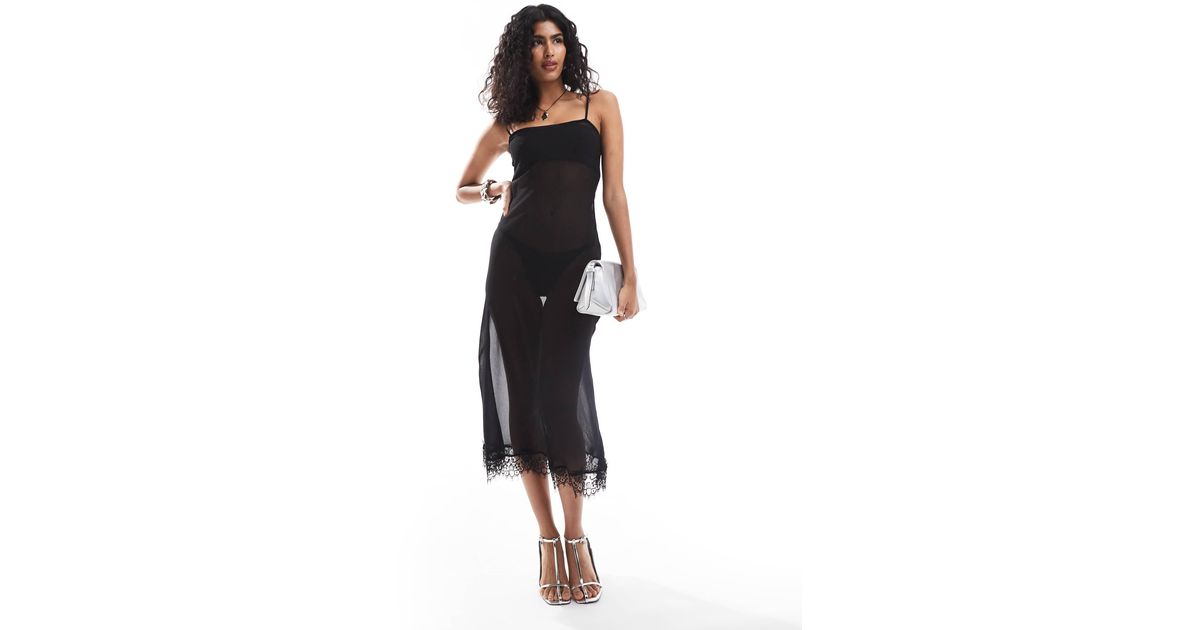 ASOS Sheer Lace Trim Chiffon Maxi Dress in Black | Lyst