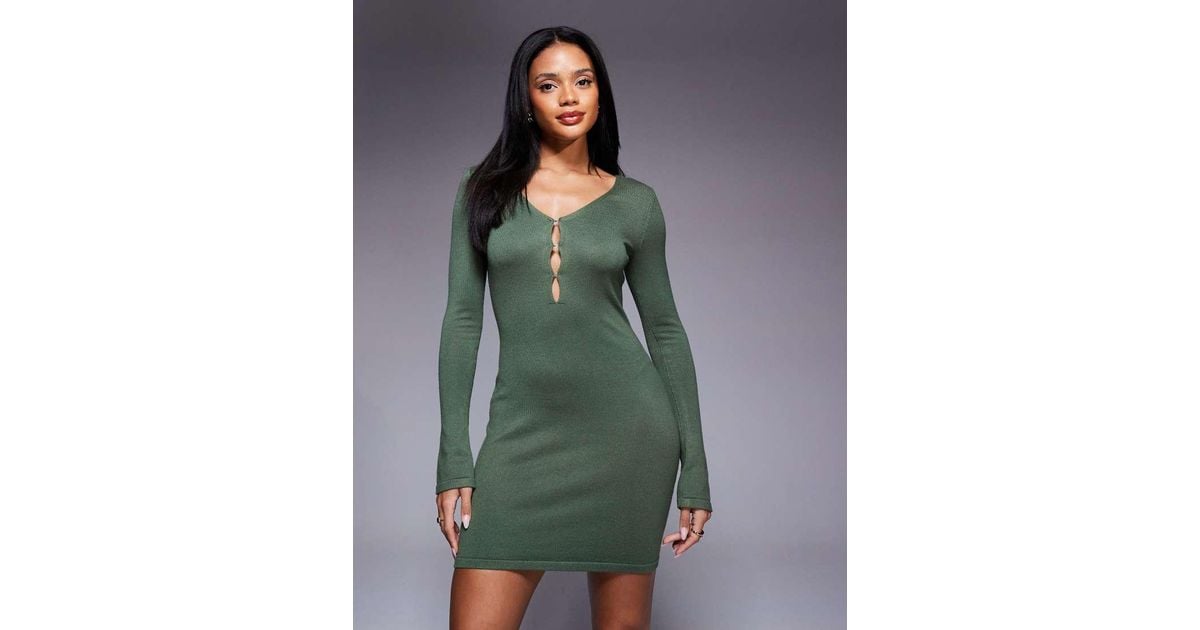 Kaiia Exclusive Knitted Keyhole Detail Long Sleeve Mini Dress in Green ...