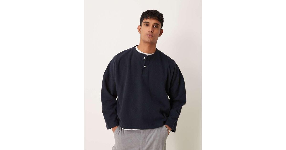 ASOS Super Oversized Cropped Heavyweight Rib Henley Jumper in Blue for ...