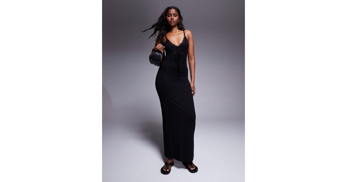 ASOS Rib Cami Maxi Dress With Lace Trim in Blue | Lyst