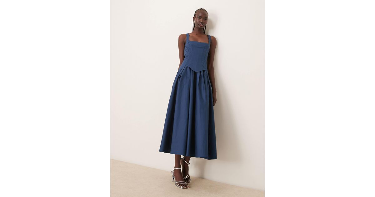 ASOS Structured Corset Full Skirt Midi Dress in Blue | Lyst