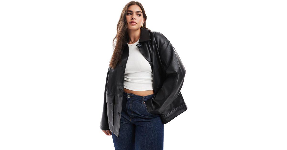 ASOS Asos Design Curve Leather Look Harrington Jacket in Black | Lyst