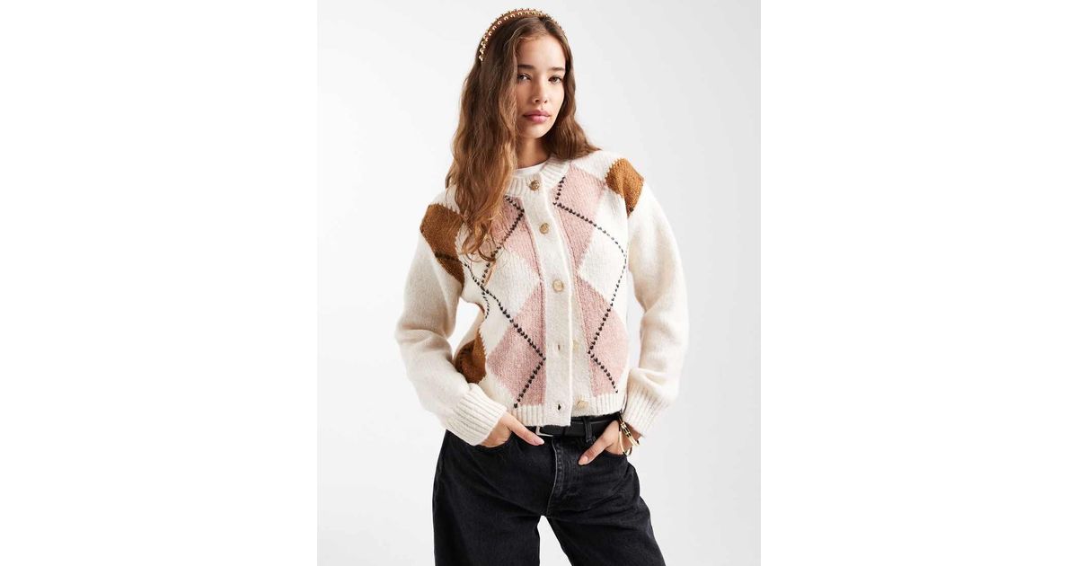 New Look Argyle Crew Neck Cardigan in Natural | Lyst UK