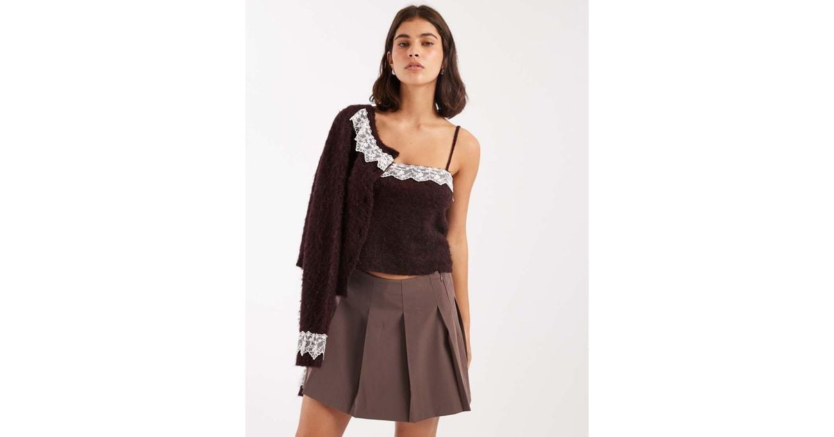 Miss Selfridge Lace Detail Knit Cami Co-Ord in Brown | Lyst UK