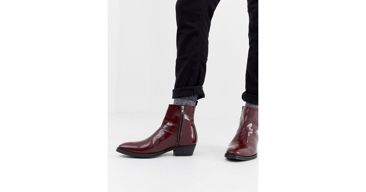 ASOS Stacked Heel Western Chelsea Boots In Burgundy Leather in Red for ...