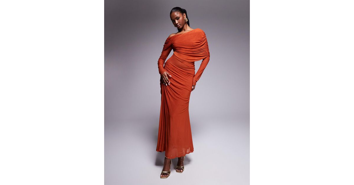 ASOS Long Sleeve Slouchy Bardot Mesh Mix Maxi Dress in Red | Lyst