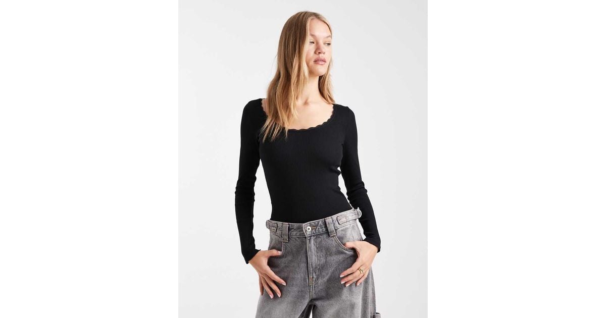 New Look Square Neck Lace Trim Top in Black | Lyst UK