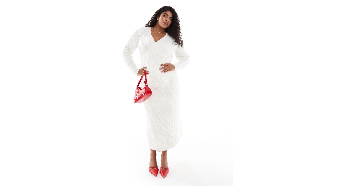 Pretty Lavish Curve Cable Knit Wrap Midaxi Dress in White | Lyst