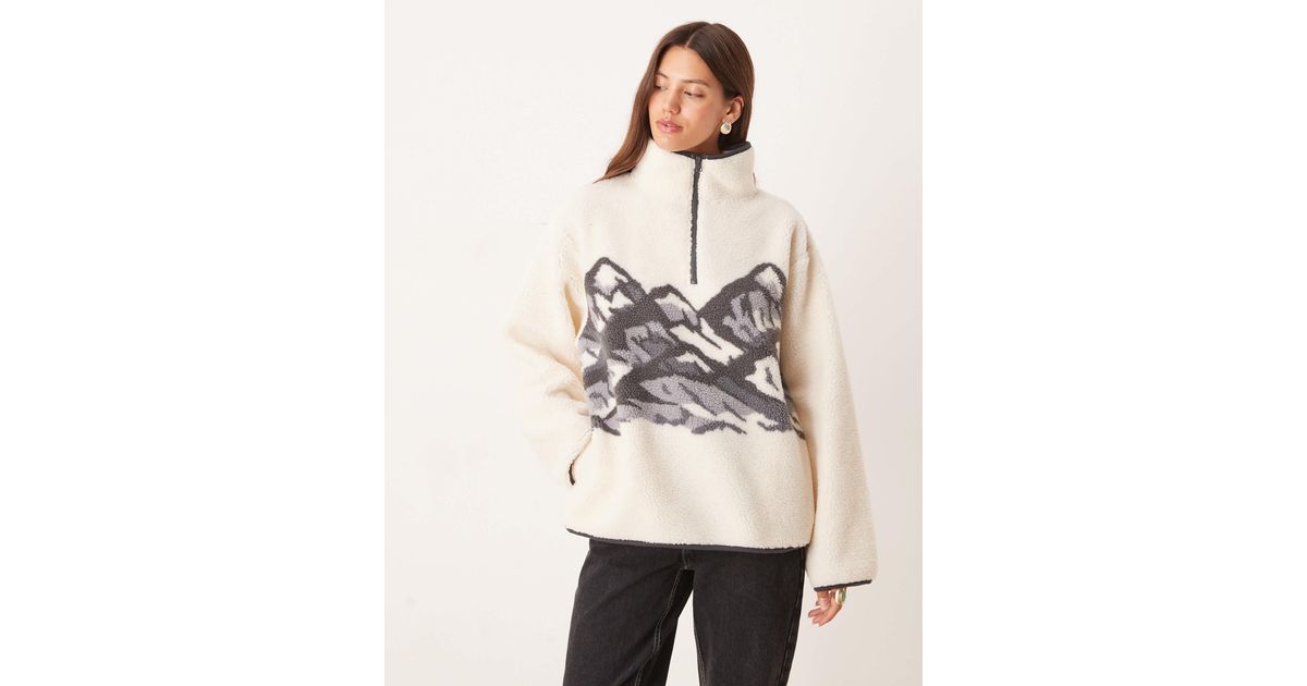 ASOS Borg Half Zip Fleece With Placement Mountain Print in Natural | Lyst