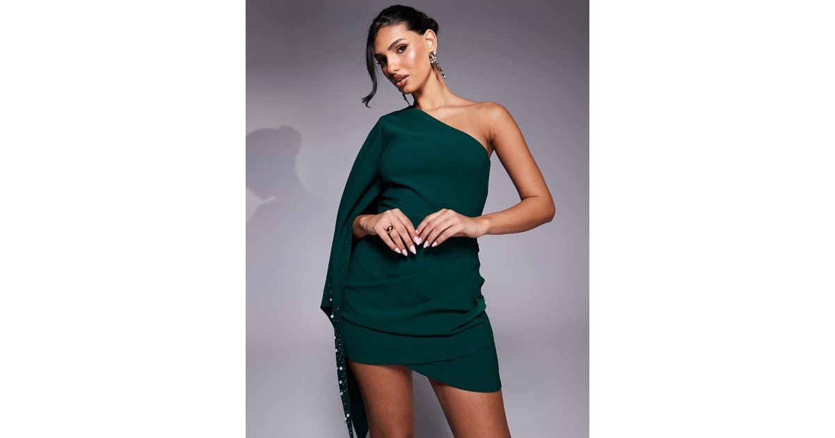 Lavish Alice One Shoulder Embellished Cape Mini Dress in Green | Lyst