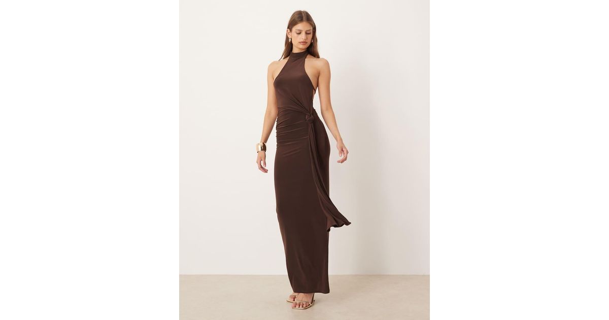 ASOS Slinky Knot Front Cowl Neck Maxi Dress in Natural | Lyst UK