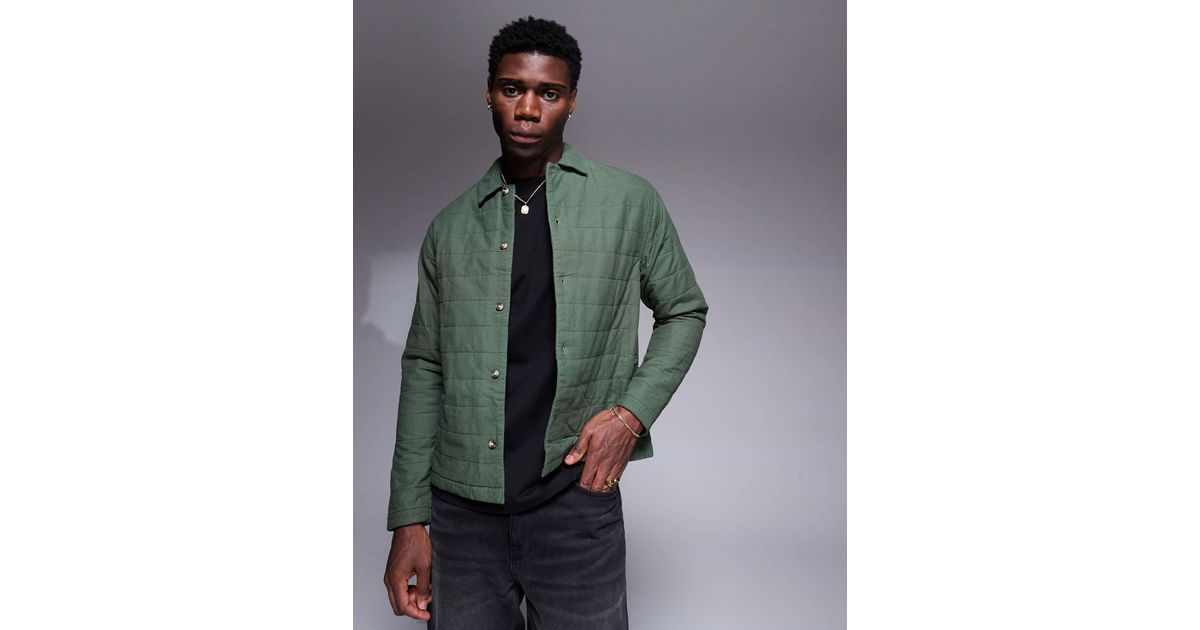 ASOS Boxy Quilted Overshirt With Revere Collar in Green for Men | Lyst