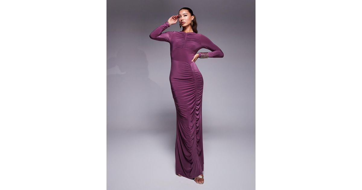 ASOS Long Sleeve Seam Detail Maxi Dress With Ruching in Purple | Lyst