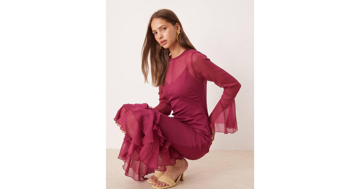 ASOS Flutter Sleeve Maxi Dress With Frill Hem in Red | Lyst UK