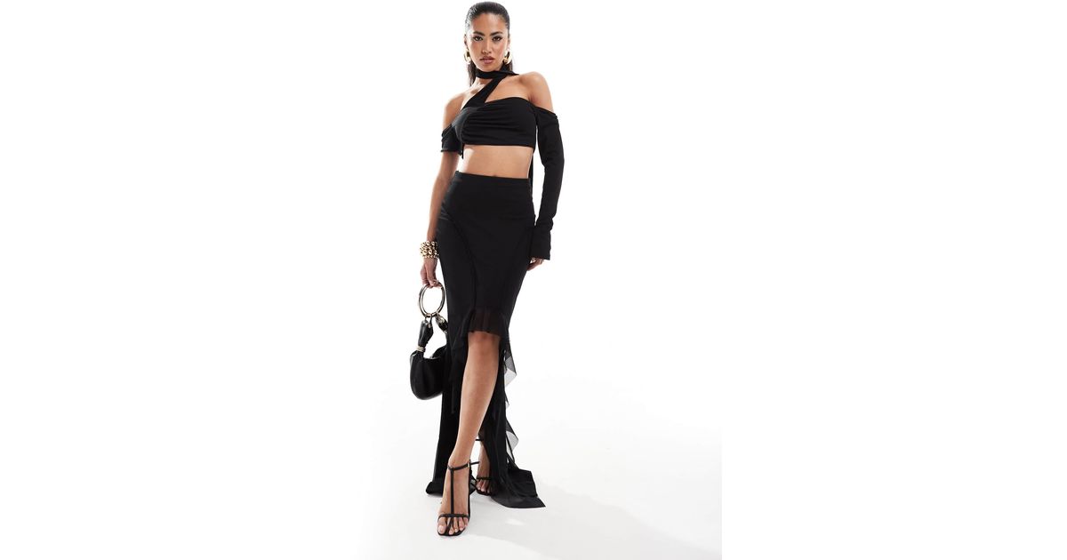 Murci Thigh Split Ruffle Edge Maxi Skirt in White | Lyst
