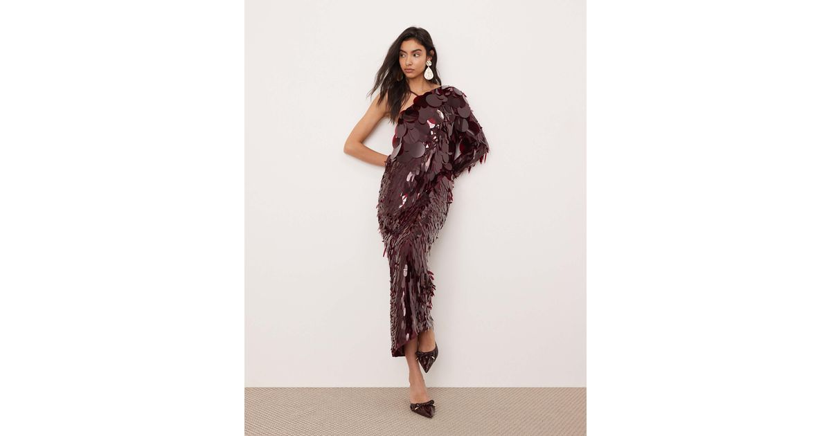 ASOS Embellished Multi Disc One Shoulder Midaxi Dress in Red | Lyst