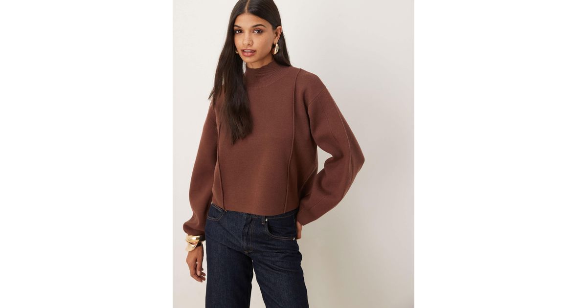 ASOS Structured Boxy Funnel Neck Sweater in Brown | Lyst