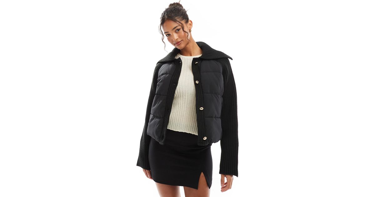 ASOS Knitted Sleeve Puffer Jacket in Black | Lyst
