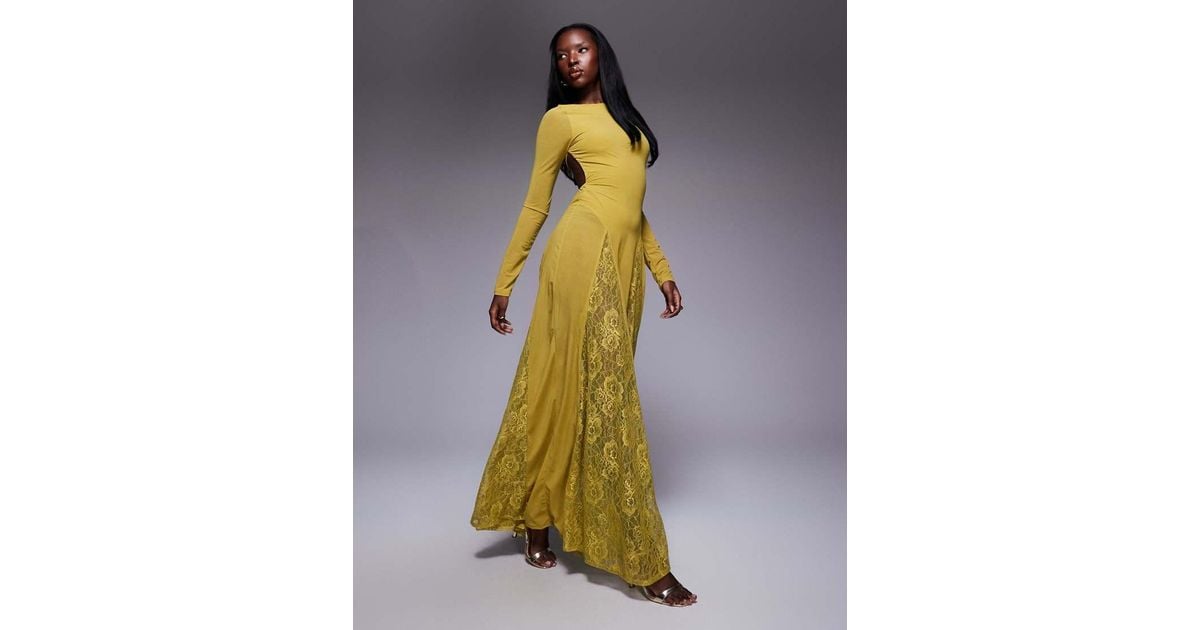 ASOS Long Sleeve Sheer Maxi Dress With Lace Panel Godets And Bodysuit ...