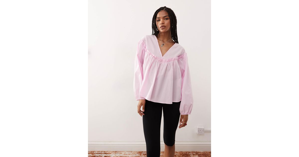 Reclaimed (vintage) Smock Top With V Neck And Ruffle Detail in Pink | Lyst