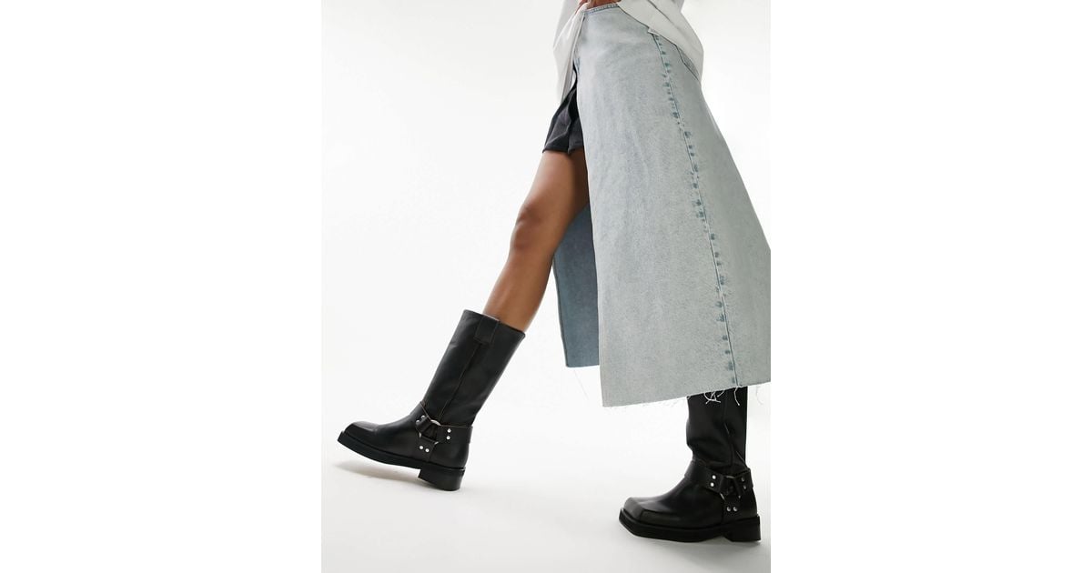 TOPSHOP Ruby Premium Leather Biker Boot in Gray | Lyst