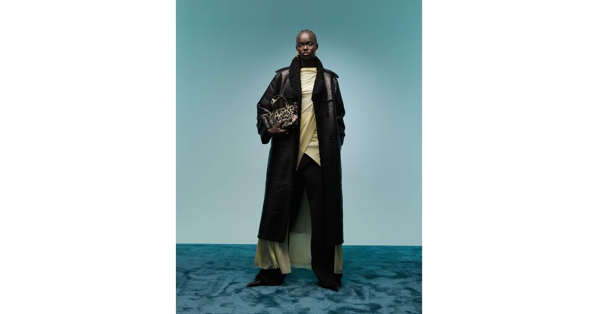 Bimba Y Lola Longline Borg Faux Leather Coat in Green | Lyst