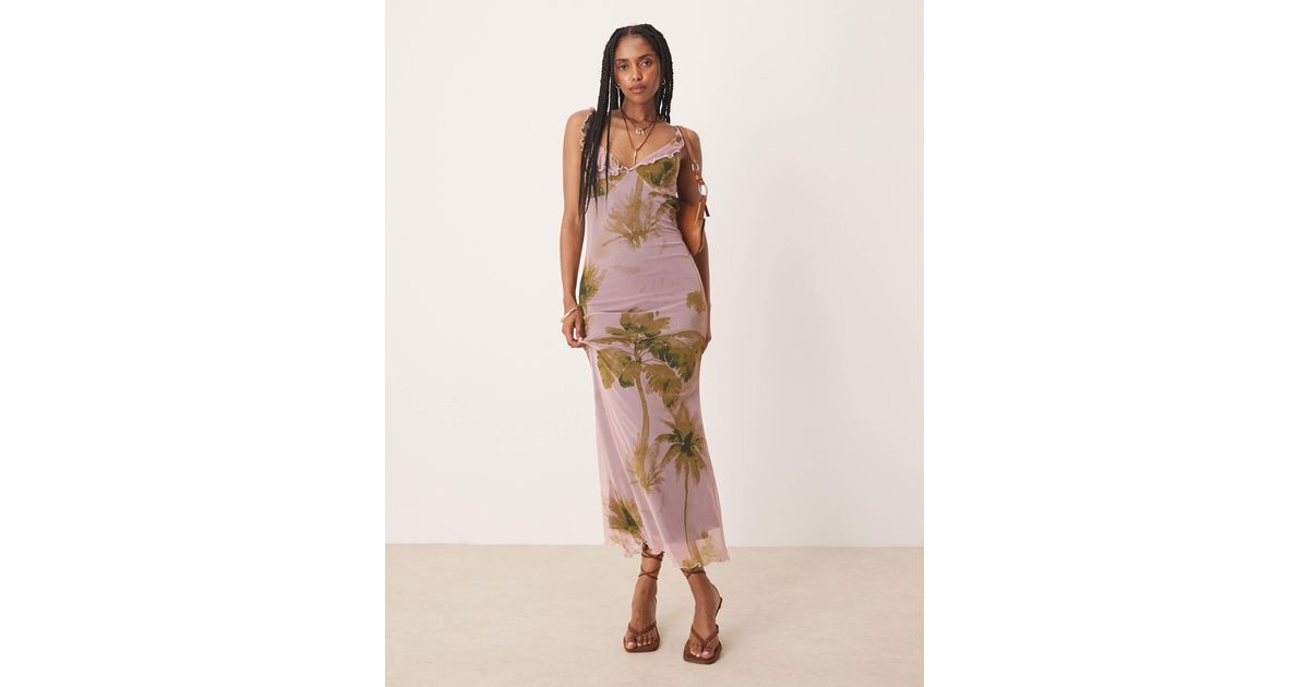 ASOS Mesh Ruffle Strap Midi Dress in Pink | Lyst