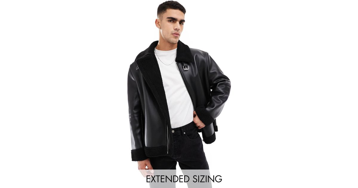 ASOS Faux Leather Aviator Jacket With Borg Lining in Black for Men | Lyst