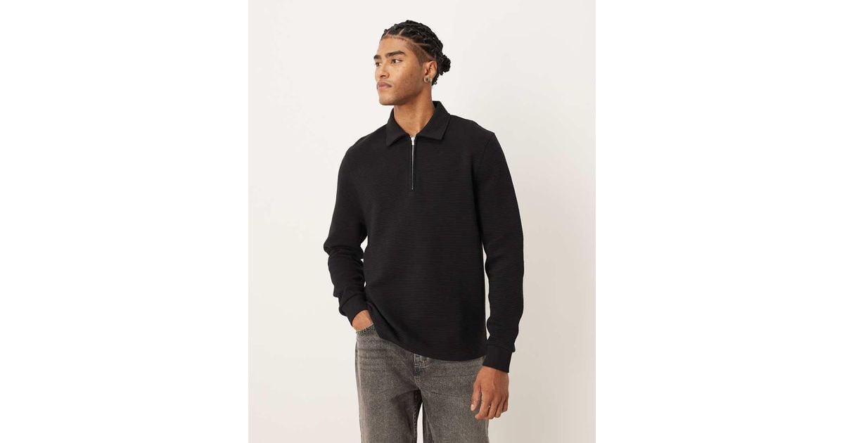 ASOS Quarter Zip With Ribbed Collar in Black for Men | Lyst UK