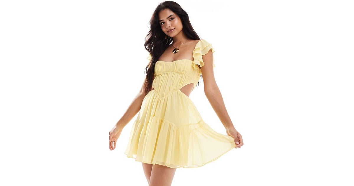 ASOS Flutter Sleeve Corset Cut Out Mini Skater Dress in Yellow | Lyst