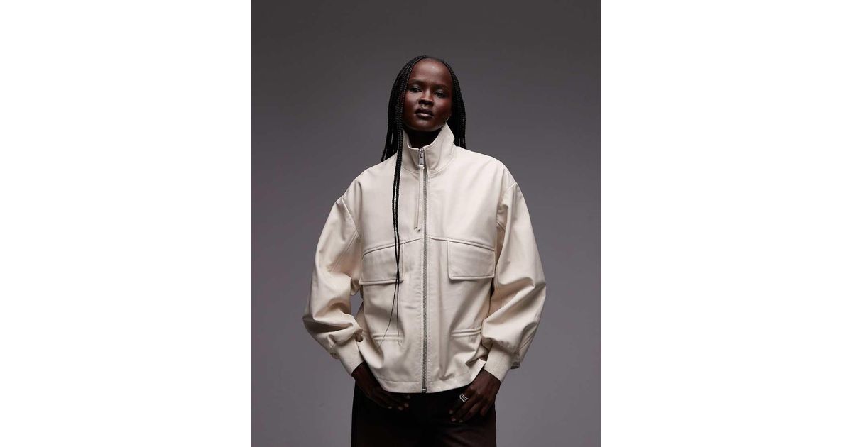 AllSaints Flor High Neck Leather Bomber Jacket in Grey | Lyst UK