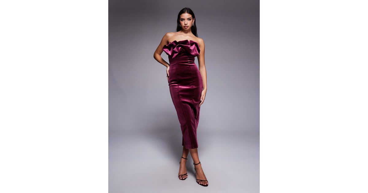 ASOS Bonded Velvet Bandeau Structu Midi Dress With Ruffle Bodice Detail ...