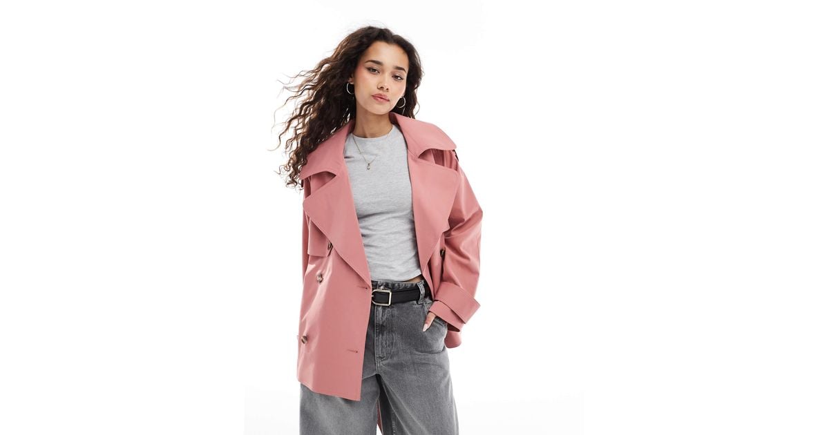ASOS Oversized Short Trench Coat With Belt in Red | Lyst