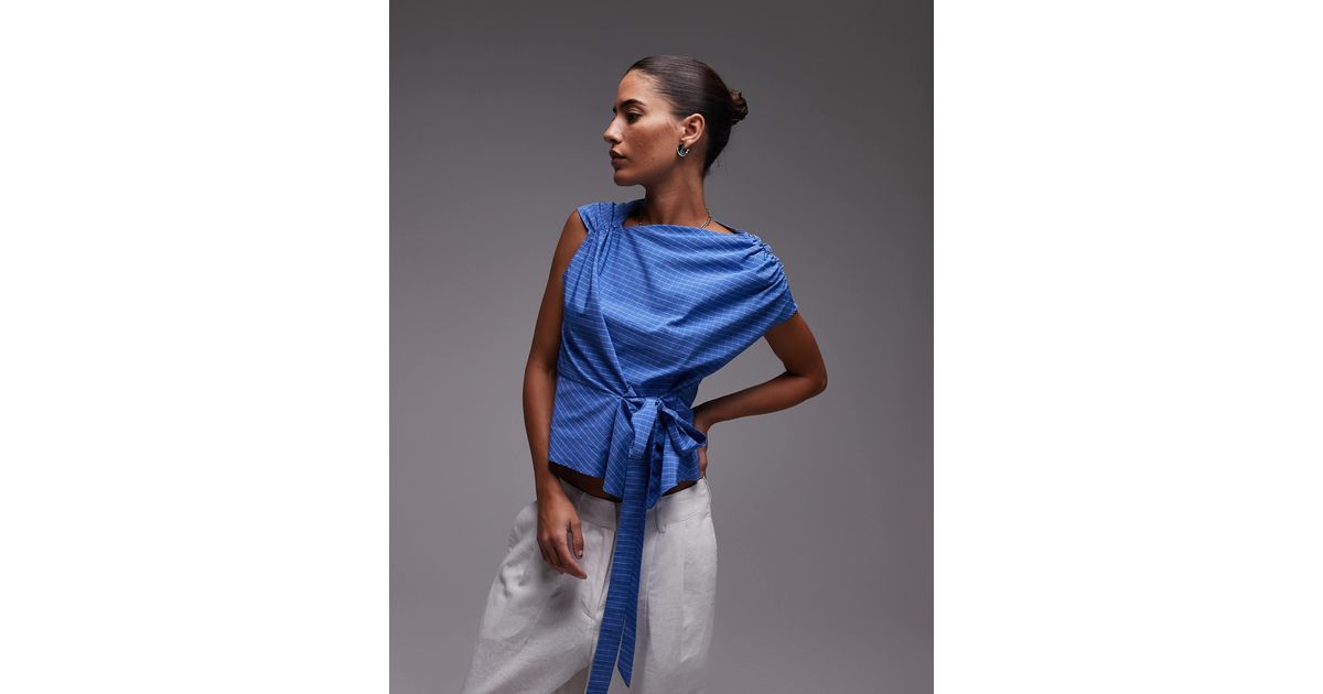 TOPSHOP Drape Neck Top in Blue | Lyst