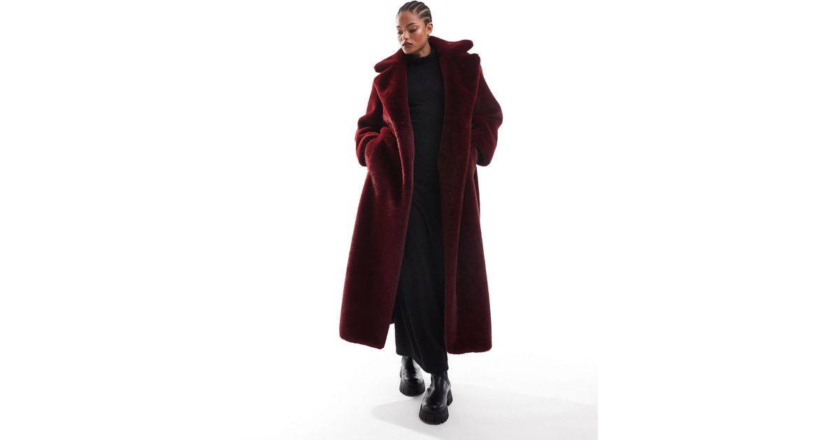 ASOS Asos Design Tall Longline Belted Faux Fur Coat in Red | Lyst