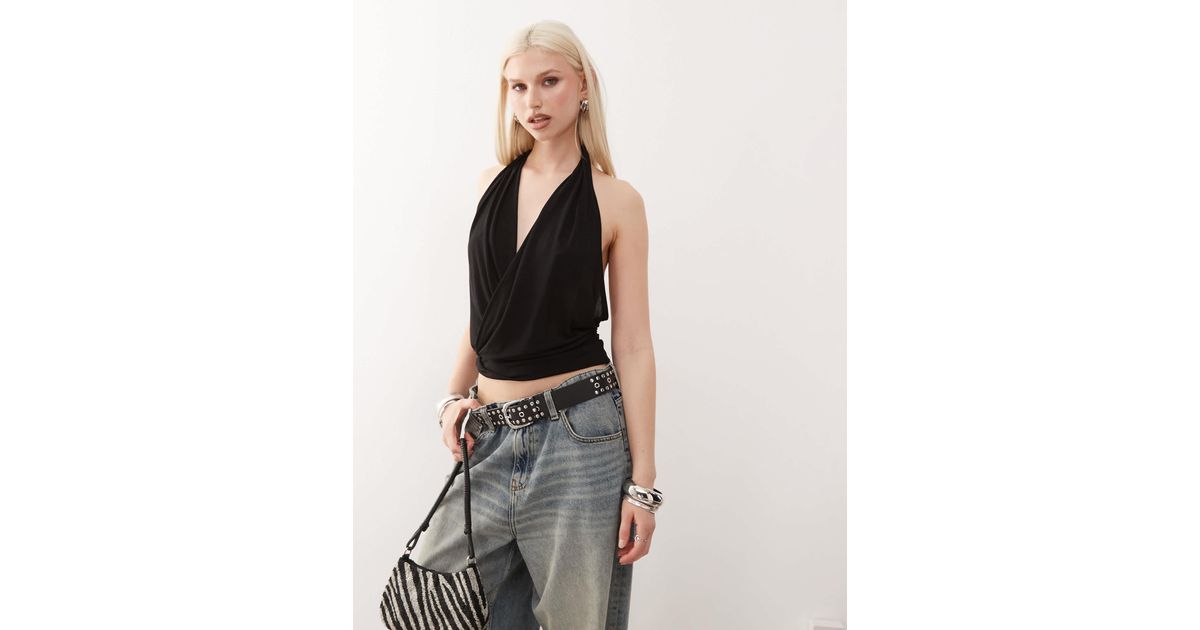 Weekday Drape Front Halter Neck Top With Open Back in Black | Lyst